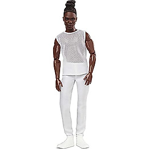 Barbie Signature Looks Ken Doll (Brunette with Braids & Bun Hairstyle) Fully Posable Fashion Doll Wearing White Shirt & Pants, Gift for Collectors