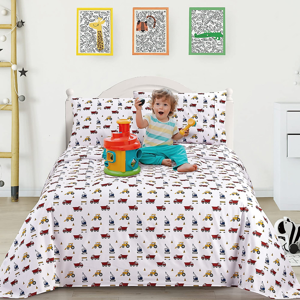 Viviland Kids Twin Sheet Set - Twin Size Printed Boys Bed Sheets - Kids Boys Toddlers Breathable Fitted Bed Sheet Twin - Excavator Toys Theme