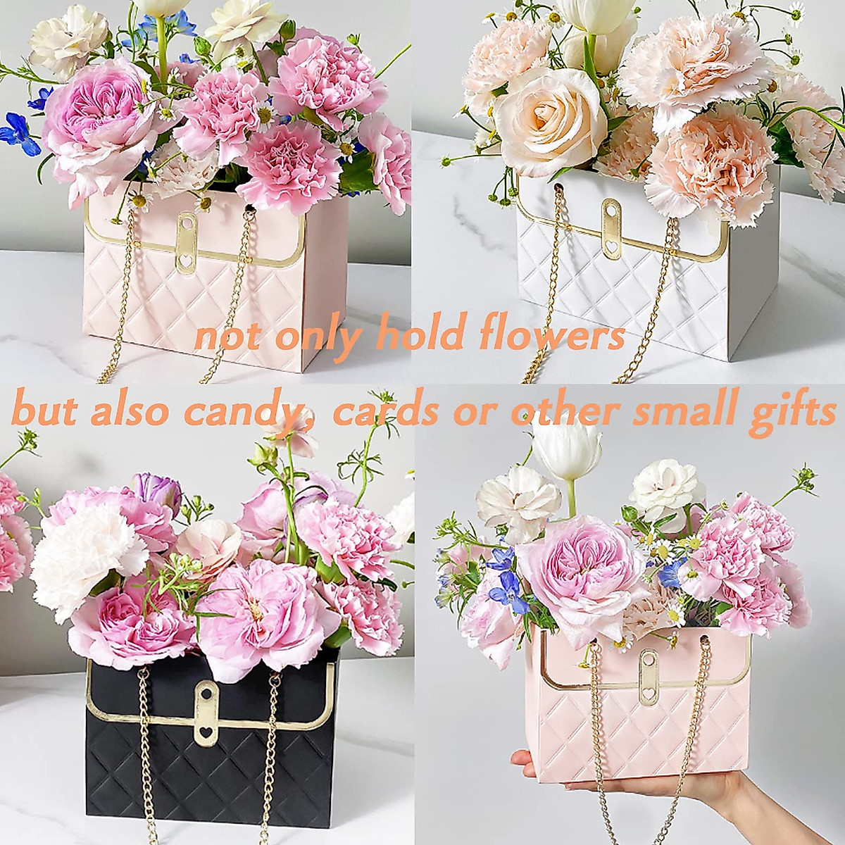 MIFOR 5PCs Paper Flower Gift Bags Bouquet Bags Box with Handle Florist Bag Handbag Gift Case Wedding Valentine's Day Gift Wrap Bags (Pink+White+Black 15pcs)