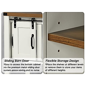 Farmhouse Coffee Bar Cabinet, 47’’ Kitchen Coffee Bar Table, White Coffee Buffet Cabinet with Sliding Barn Door, Entryway Table with Metal Mesh Doors, Bottom Open Storage Shelf, Living Dining Room