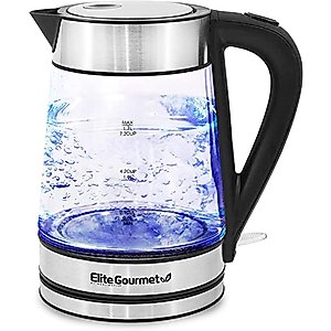 Elite Gourmet EKT-602 Electric 1.7L BPA Free Glass Kettle Cordless 360° Base, Stylish Blue LED Interior, Handy Auto Shut-Off Function – Quickly Boil Water For Tea & More, Stainless Steel
