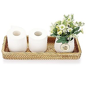 Sumnacon 16 Inch Rattan Bathroom Vanity Tray - Decorative Wicker Toilet Tank Tray for Paper Hand Towel, Vintage Storage Basket Bin for Bathroom Kitchen Toilet Tank Vanity Countertop Table Shelf