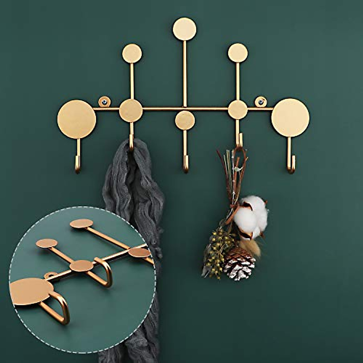 dedoot Coat Hooks Wall Mounted, Metal Coat Rack 5-Hook Gold Heavy Duty Entryway Hook for Clothes Hat Key Towel and Bag