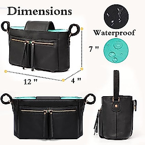 MOMINSIDE Stroller Organizer with Insulated Cup Holders, 10 Pockets Stroller Accessories Leather, Universal Stroller Caddy, Adjustable Straps, Zippered Pocket, Fit All Strollers (Black)