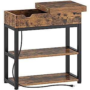 Rolanstar End Table with Charging Station, Narrow Nightstand, Flip Top Side Table with USB Ports and Storage Shelves for Small Spaces, Living Room, Bedroom (Rustic Brown)