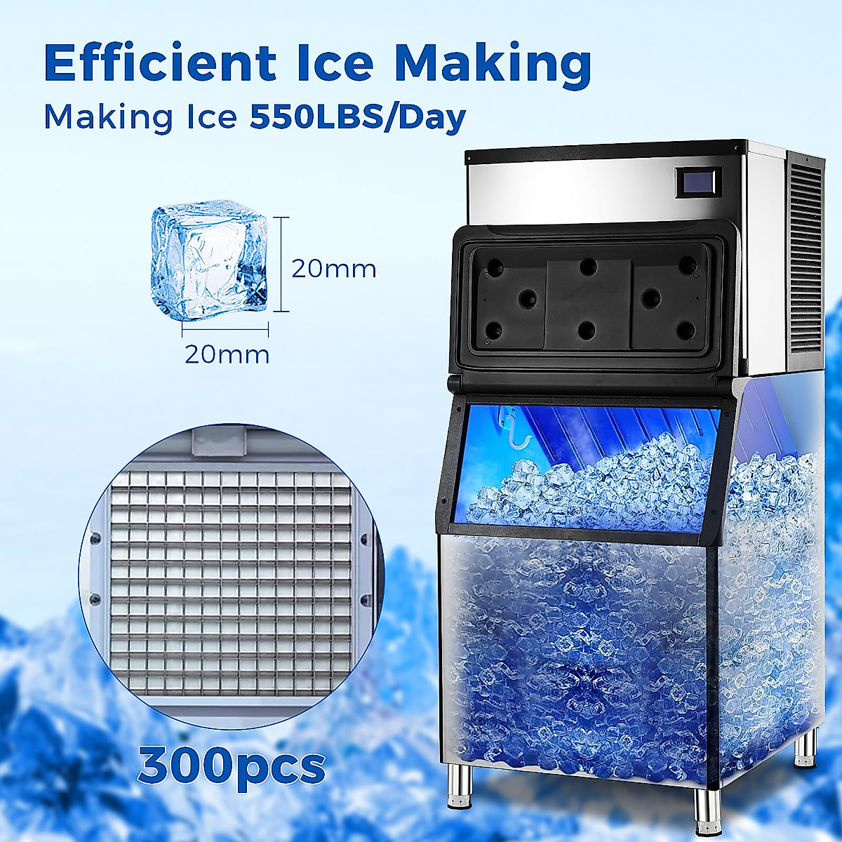 Commercial Ice Maker Machine 550Lbs/24H, Industrial Ice Machine ETL Approval 440 Lbs Storage Bin, Stainless Steel Clear Ice Cube Maker for Bar/Cafe/Restaurant/Business