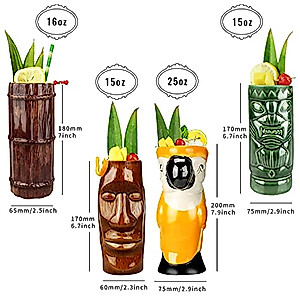 Tiki Mugs Cocktail Set of 4 - Large Ceramic Hawaiian Party Mugs Drinkware, Cute Exotic Cocktail Glasses, Tiki Bar Professional Hawaiian Party Barware, TKSET0001