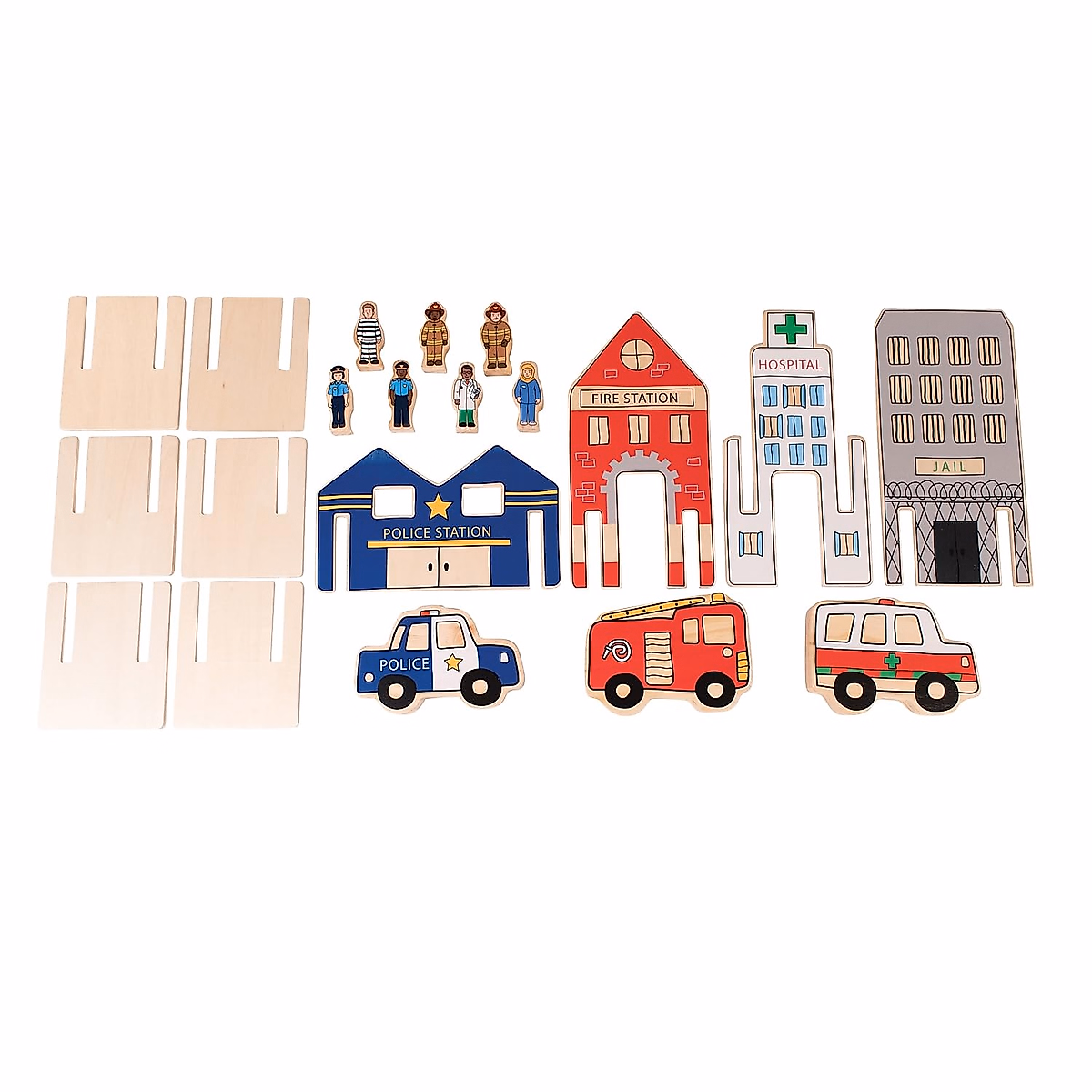 THE FRECKLED FROG Happy Architect - Emergency - Set of 20 - Ages 2+ - Wooden Blocks for Preschoolers and Elementary Aged Kids - Includes Workers, Vehicles and Buildings