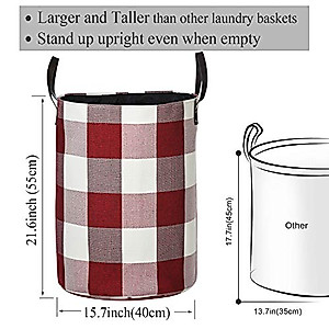 Haundry Foldable X-Large Laundry Hamper with Durable Leather Handles, 22'’ Tall Large Round Laundry Basket for Clothes Storage, Red Buffalo Plaid