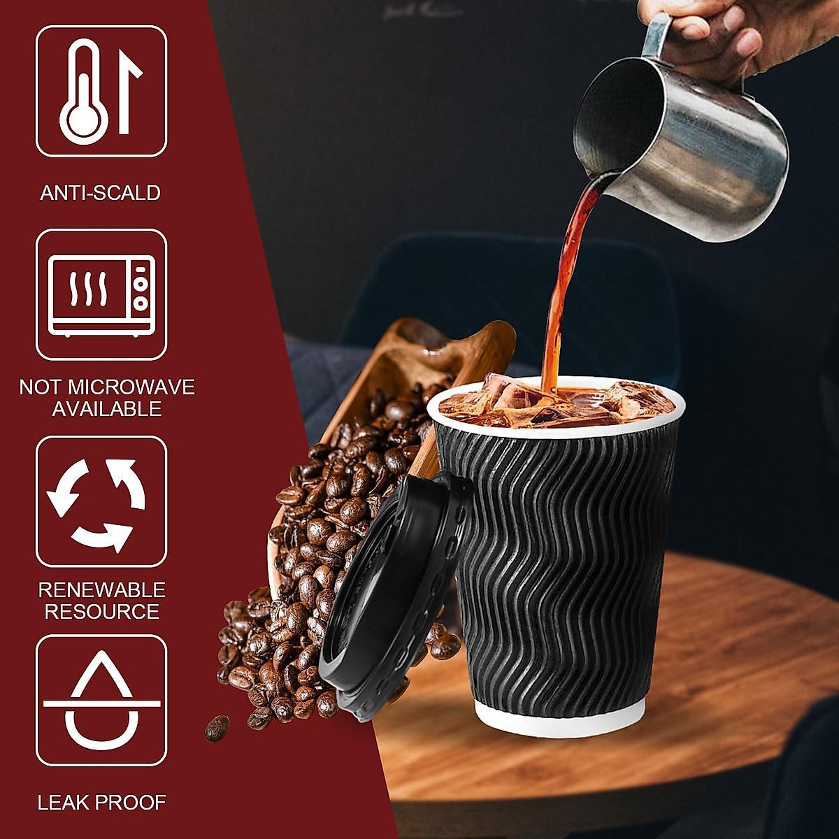 Lamosi To go Coffee Cups with Lids, Disposable Coffee Cups 12 oz, Paper Cups 12 oz, Hot Cups with Lids, Throw Away Coffee Cups with Lids for Party and Reception (Black, 12OZ, 60 Pack)