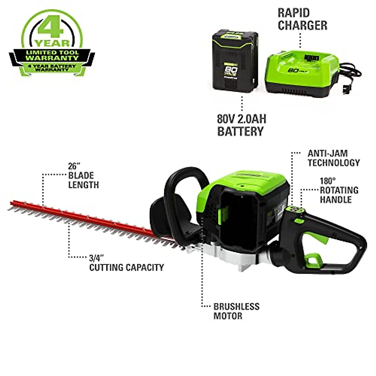 Greenworks Pro 80V 26" Cordless Hedge Trimmer, 2.0Ah Battery and Charger Included