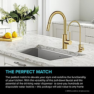 KRAUS Oletto Pull-Down Kitchen Faucet and Purita Water Filter Faucet Combo in Brushed Brass, KPF-2620-FF-100BB