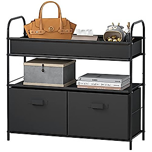 Sywhitta 3-Tier Closet Storage Organizer, Shelves with 2 Foldable Cubes, Multi-Functional Metal Rack, Black