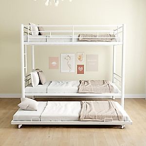 XMRCLP Heavy-Duty Metal Twin Over Bunk Bed with Trundle, Noise Reduced, Safety Guardrail for Bedroom or Guest Room, Kids, 77.00" L, 40.30" W, 61.40" H (White)