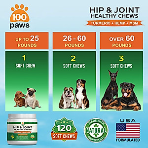 100 Paws Hip & Joint Supplement for Dogs - Hemp Oil Infused Soft Chews Dog Treats w/Glucosamine, Turmeric, Chondroitin, MSM & Omega 3 6 9 -Supports Pet Mobility & Pain Relief-120 Treat Bites
