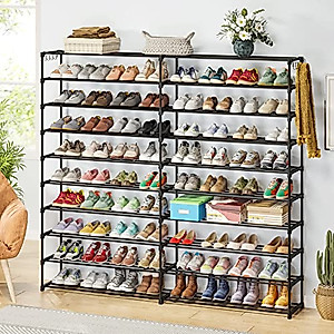 Tribesigns 10 Tier Extra Large Shoe Rack Organizer for Closet Entryway, 80 Pair Large Capacity Tall Shoes Storage Shelf with Side Metal Hooks for Garage Bedroom Hallway, Black