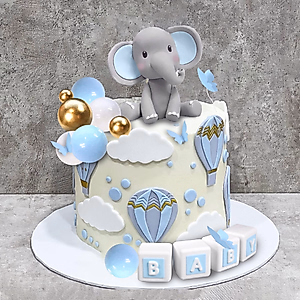 Elephant Cake Decoration Mini Elephant Cake Topper Blue BABY Letter Cake Toppers Gold Blue White Pearl Ball for Baby Shower Boy Elephant Theme Birthday Party Supplies (BLUE)