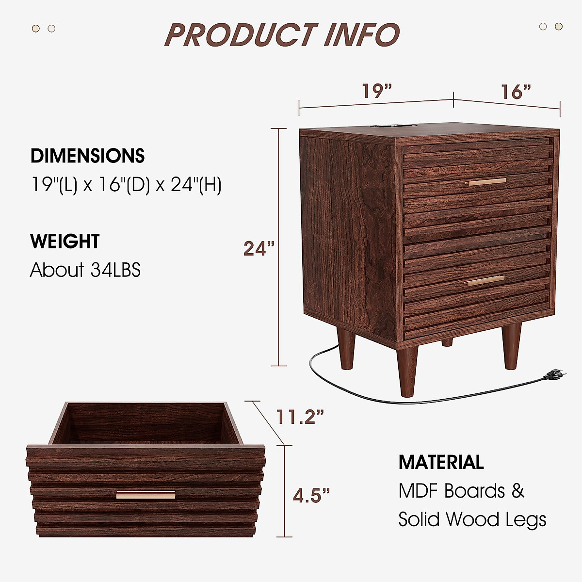 Night Stand with Charging Station Set of 2, Side Table with 2 Drawers, Mid Century Modern End Table with Storage, Bedside Table with USB Ports and Outlets, Nightstand for Bedroom, Brown 2PCS
