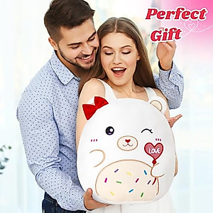 Houwsbaby 12'' White Bear Plush Pillow,Bear Stuffed Animal Holding Love Balloon,Wearing Bow on The Head, for Girls Girlfriend, Babies, Lovers