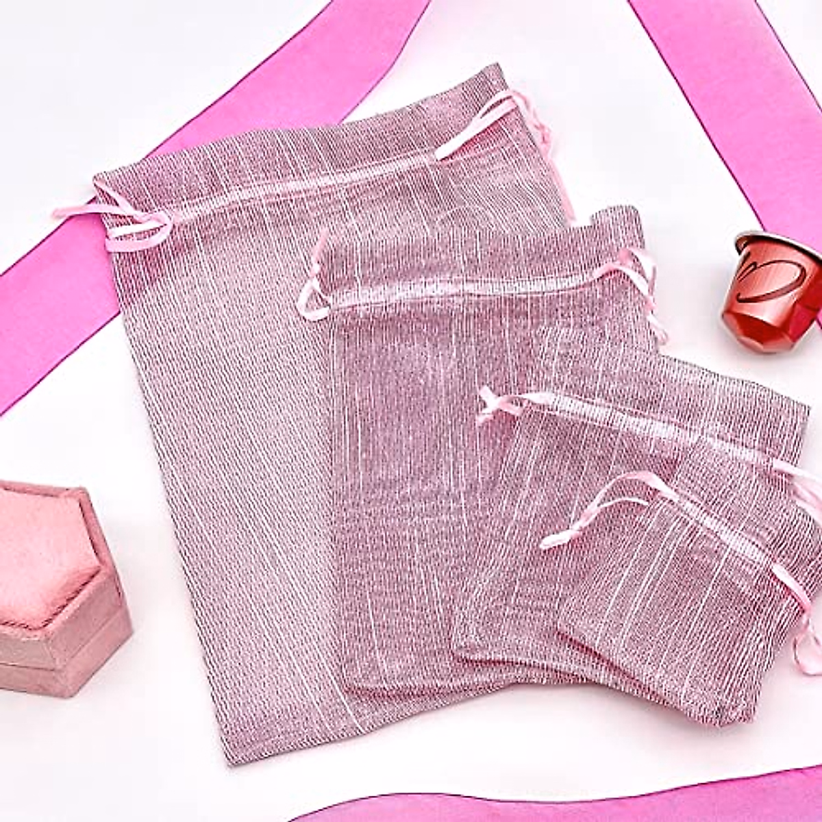 TheDisplayGuys - 24-Pack Striped Weave Organza Gift Bags w/Drawstrings - Small 3" x 4" - Pink - for Party Favors, Samples, Treats