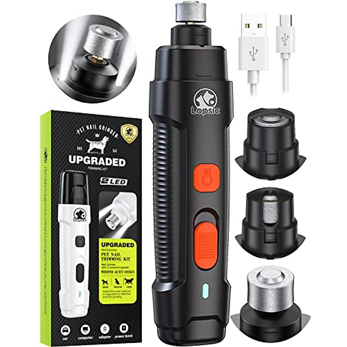 Dog Nail Grinder Upgraded Dog Nail Trimmers Clipper with 2 LED Light, 2 Speed Rechargeable Electric Pet Nail Grinder Quiet Low Noise for Small Medium Large Dogs and Cats