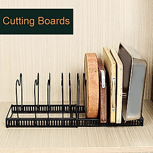 Mlesi Expandable Pot and Pan Organizer Rack, 12+ Pot Lid Organizer Holder, Bakeware Adjustable Rack, Kitchen Cabinet Organizer for Bakeware Cutting Boards, Black