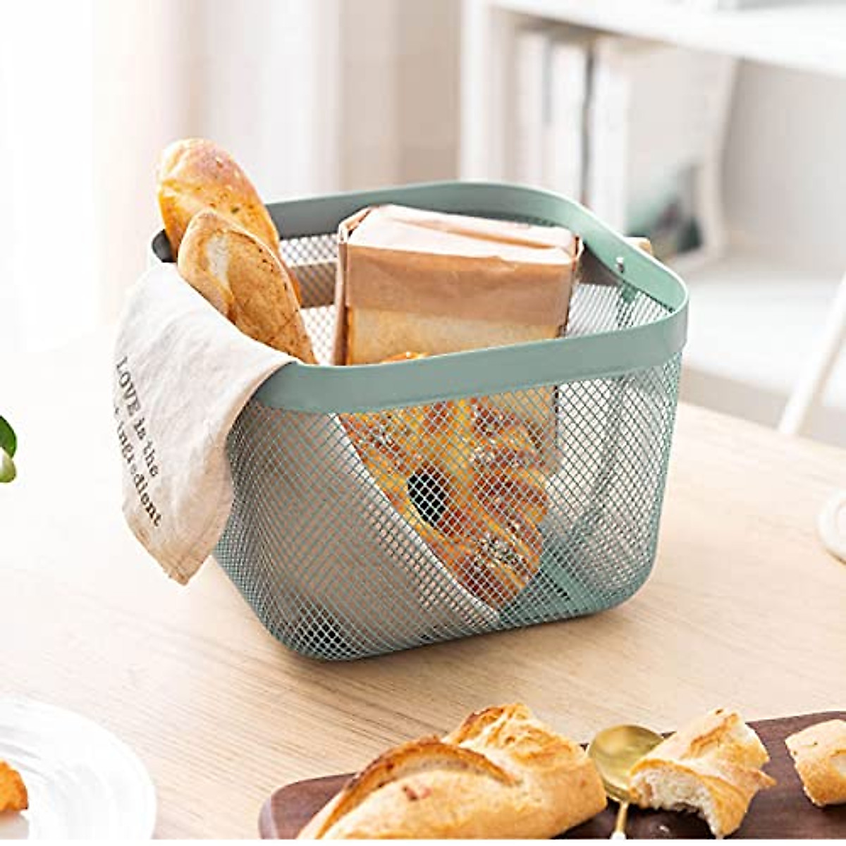 HOJKMA Mesh Steel Storage Organizer Basket, Multi-Functional Metal Wire Hanging Kitchen Baskets Fruit Basket with Bamboo Handle Ideal for Kitchen, Bathroom, Pantry, Cabinet Home, Shopping, Green