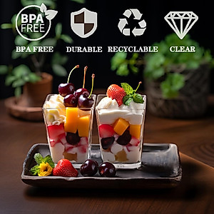 Hiasobre 50Pack 5oz Square Plastic Dessert Cups with Spoons, Reusable Clear Parfait Appetizer Cups, Mini Party Trifle Shooter Serving Cups, Dessert Shot Glasses for Tasting