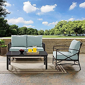 Crosley Furniture Kaplan 3-Piece Outdoor Loveseat Patio Furniture Set, Conversation Sets for Porch, Deck, Oiled Bronze with Mist Cushions