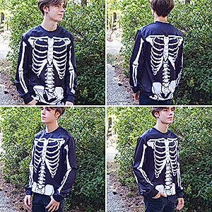 RAISEVERN Mens Halloween Sweatshirts Skeleton Print Funny White Bone Pullover Long Sleeve Shirts Black Cool Holiday Festival Sweater for Women