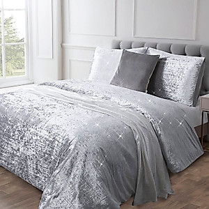 YINFUNG Velvet Duvet Cover Silver Queen Luxury Grey Crushed Velvet Boho Crinkle Light Grey Sequin Glossy Sparkle Glitter Vibrant Textured 90×90 Winter Bedding Set