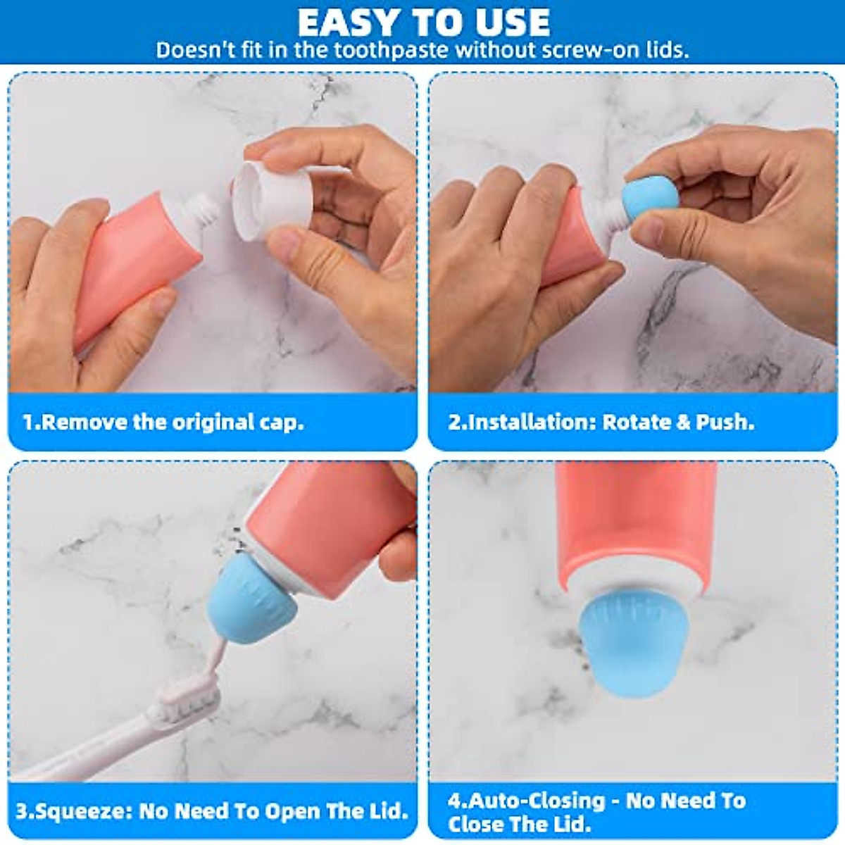 6-Pack Toothpaste Cap, Gelibo Self Closing Toothpaste Squeezer Dispenser for Kids and Adults, Easy to Use, Food Grade Silicone and BPA-Free Toppers, Hygiene No Waste No Mess