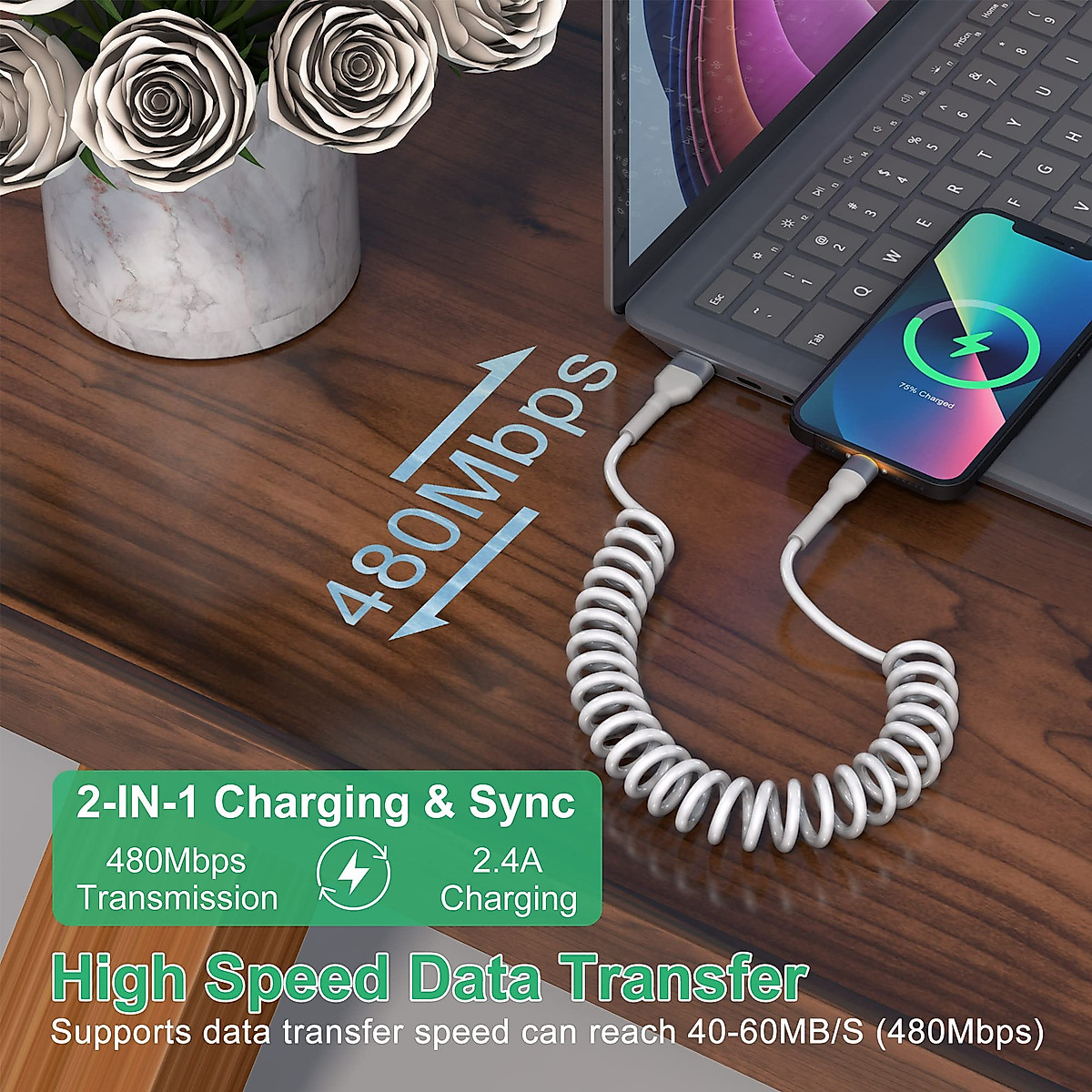 Coiled iPhone Lightning Cable Apple Carplay Cable MFi Certified, Retractable Apple Car Play Cord with Data Sync and LED, Short Coiled iPhone Charger Cable for iPhone/Pad/Pod, White