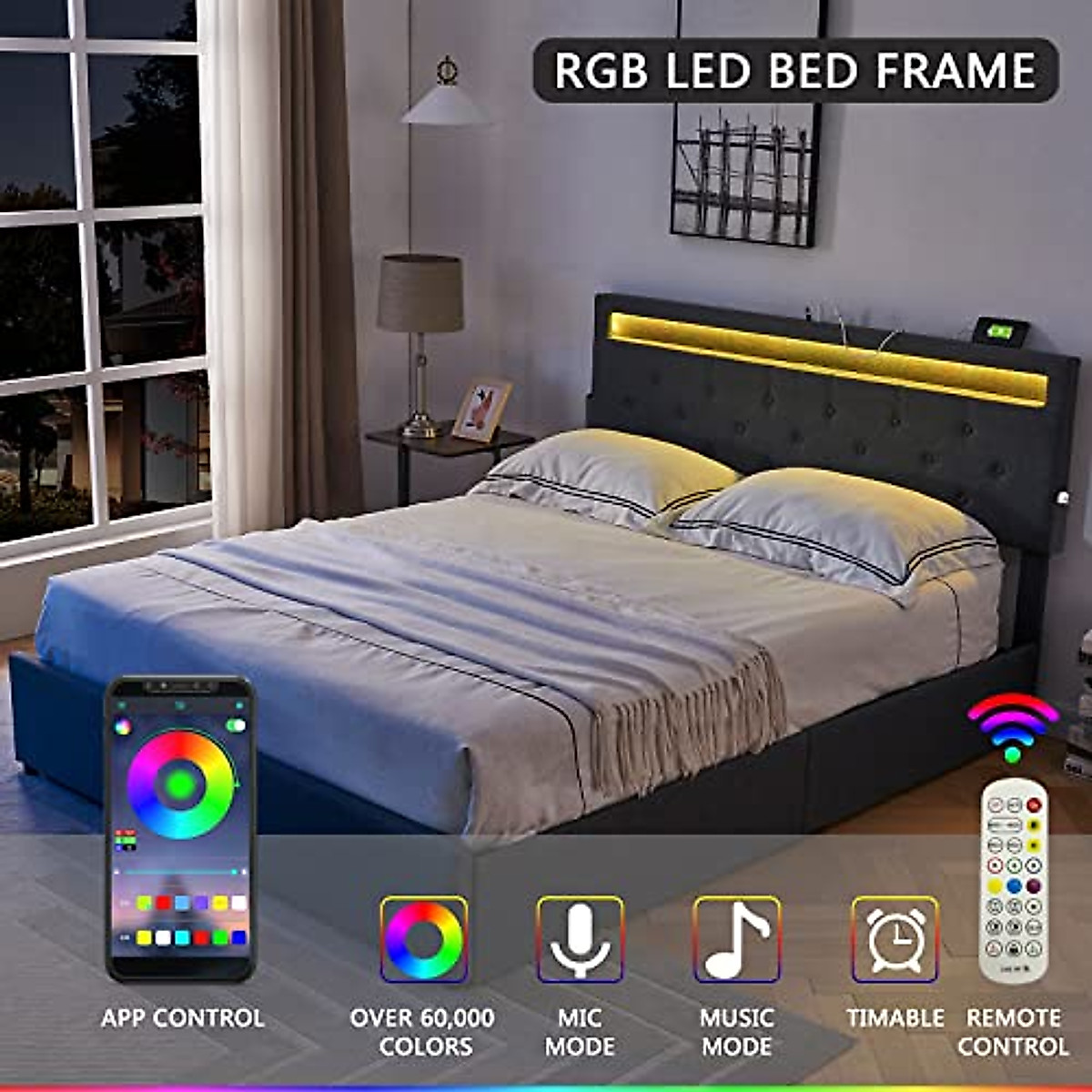 Alohappy Queen Bed Frame with 4 Storage Drawers & LED Lights & Adjustable Headboard, Upholstered Platform Bed Frame Queen Size with 2 USB Ports, No Box Spring Needed, Dark Grey