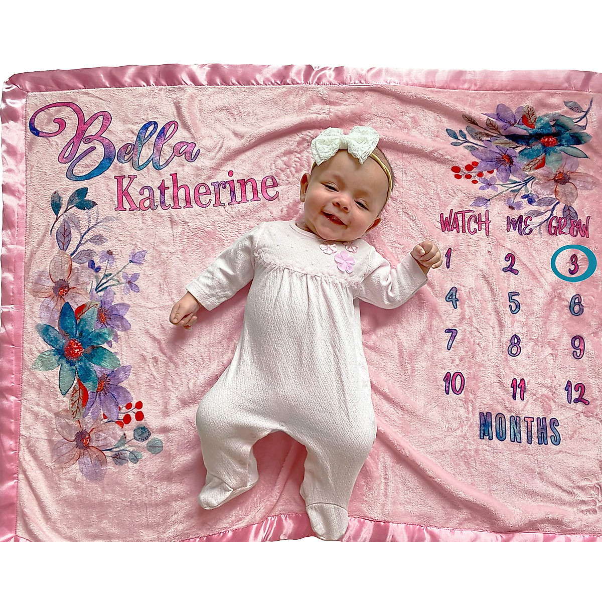Personalize It Milestone Baby Blanket (Pink, 40 x 30) Custom Baby Girl Name Luxe Satin Trim Edge Double Sided Polar Fleece