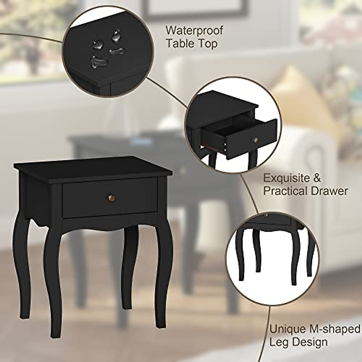 ChooChoo End Table with Wavy Silhouette & Curved Legs, Narrow Nightstand with Storage Drawer, Modern Side Table, Wood Night Stand for Bedroom, Small Spaces, 18.7" L x 13.7" W x 21.6" H (1, Black)