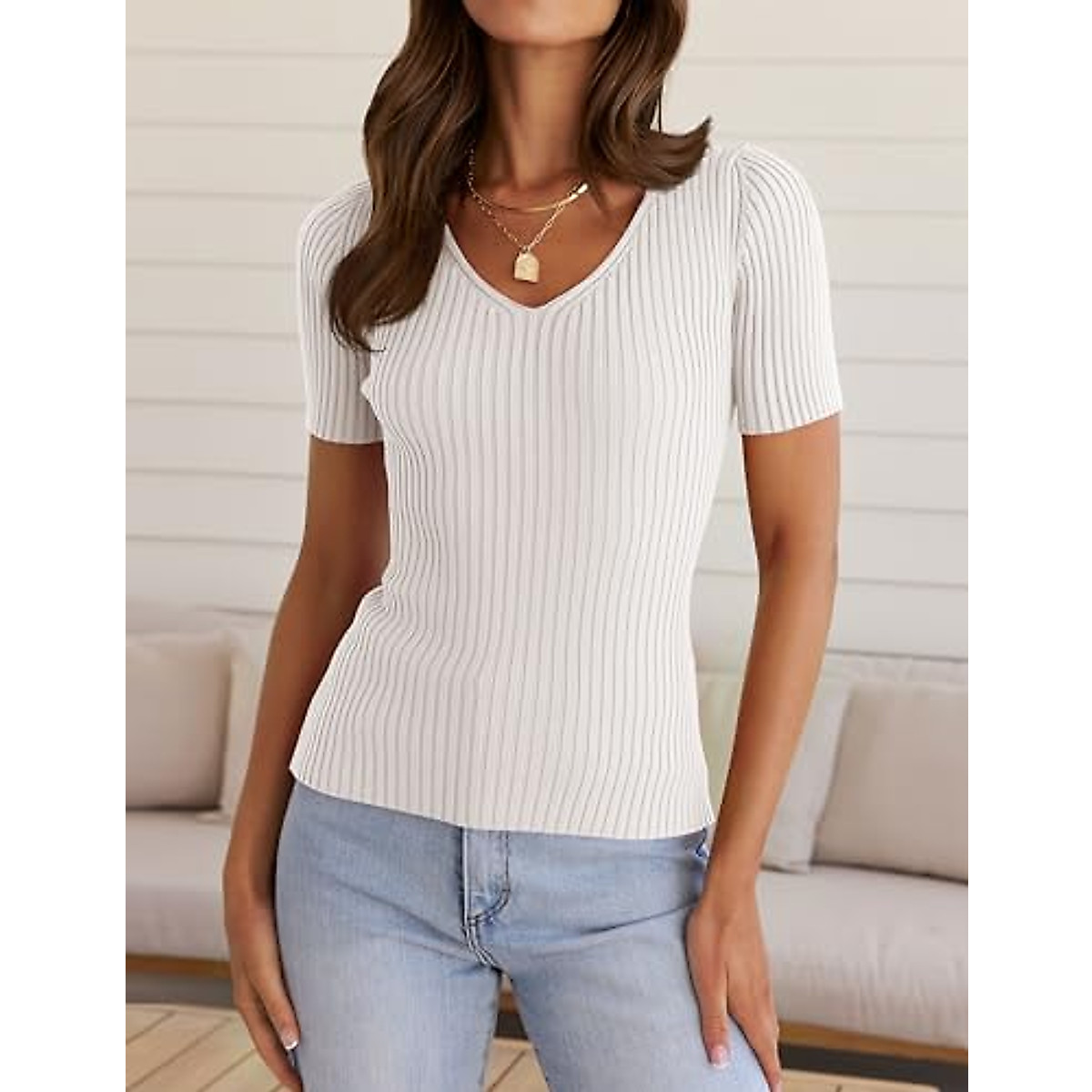 ZESICA Women's Short Sleeve T Shirts Summer V Neck Tops Casual Ribbed Knit Slim Fit Basic Tees,White,Small