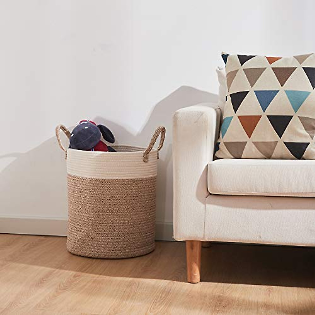 Woven Cotton Rope Basket, Tall Laundry Blanket Storage Basket with Built-in Sturdy Handles, Baby Nursery Bin for Home Decor and Organizing