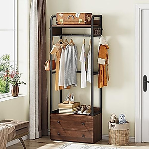 LITTLE TREE 75 inch Tall Freestanding Closet Organizer Small Clothes Rack Coat Rack with Drawers and Shelves, Heavy Duty Small Garment Rack Industrial Hall Tree for Hallway Entryway Bedroom