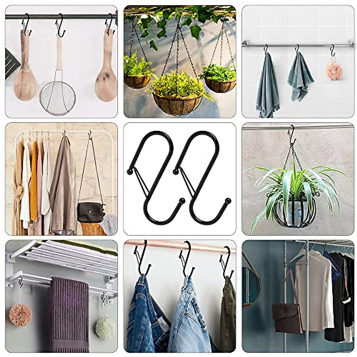 BOYILULEI 10 Pcs S Hooks Metal Heavy-Duty S Shaped Hook Anti Slip with Safety Buckle Design 3.5 Inches for Hanging Utensil Closet Rod Plants Pots Pans Bathroom Kitchen Coffee Cups Wardrobe Black