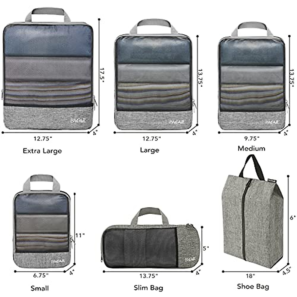 BAGAIL 6 Set Compression Packing Cubes Travel Expandable Packing Organizers(Gray, 6 Set)
