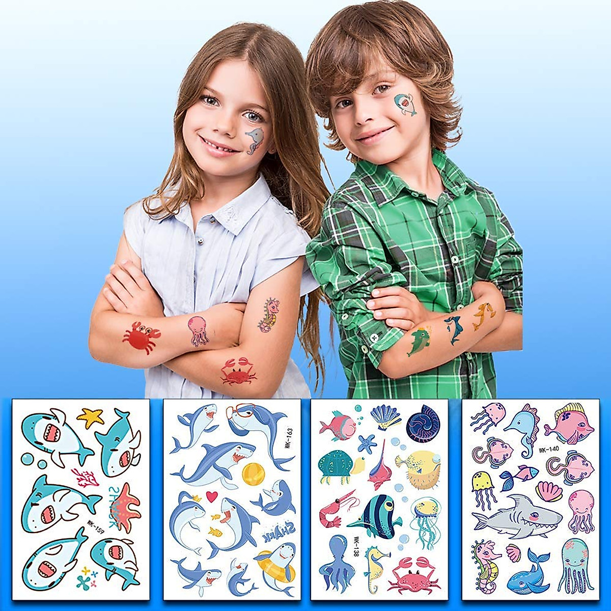 PHOGARY Kids Temporary Tattoos(100pcs+), Sea World Theme Tattoos (20 Sheets) - Fish, Shark, Turtle, Seahorse, Sea Star, Octopus, Crab - Marine Life Patterns Fake Waterproof Tattoos for Boys Girls