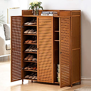 QQXX Bamboo Shoe Cabinet,Rustic Entryway Shoe Storage Cabinet Shoe Rack Cabinet,Shoes Cabinet with Doors and Drawer,Farmhouse Shoe Organizer for Hallway Bedroom Closet(39 * 13 * 51", Brown)