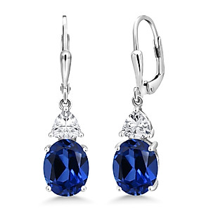 Gem Stone King 925 Sterling Silver Blue Created Sapphire Earrings | 6.60 Cttw | Oval 10X8MM | Trillion 5MM | Gemstone Birthstone | Drop Dangle Earrings For Women