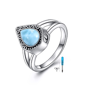 POPLYKE Urn Ring for Ashes Sterling Silver Larimar Filigree Cremation jewelry Rings For Ashes Of Loved Ones Memorial Keepsake (Larimar 8)