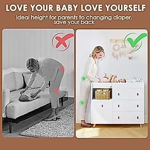 BANIROMAY Baby Changing Table Dresser with Drawers, Baby Nursery Dresser with Waterproof Changing Diaper Pad, Safety Belt and Hidden Trash Storage (White)
