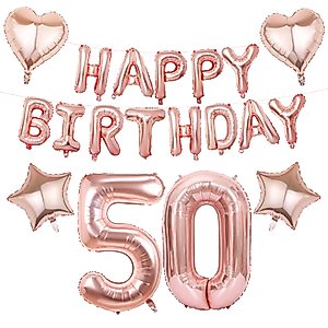 Rose Gold Happy Birthday Balloons Banner, 50th Birthday Decorations 16 Inch Mylar Foil Letters Sign Balloons Banner for Fifty Year Old Birthday Party Supplies (50th)