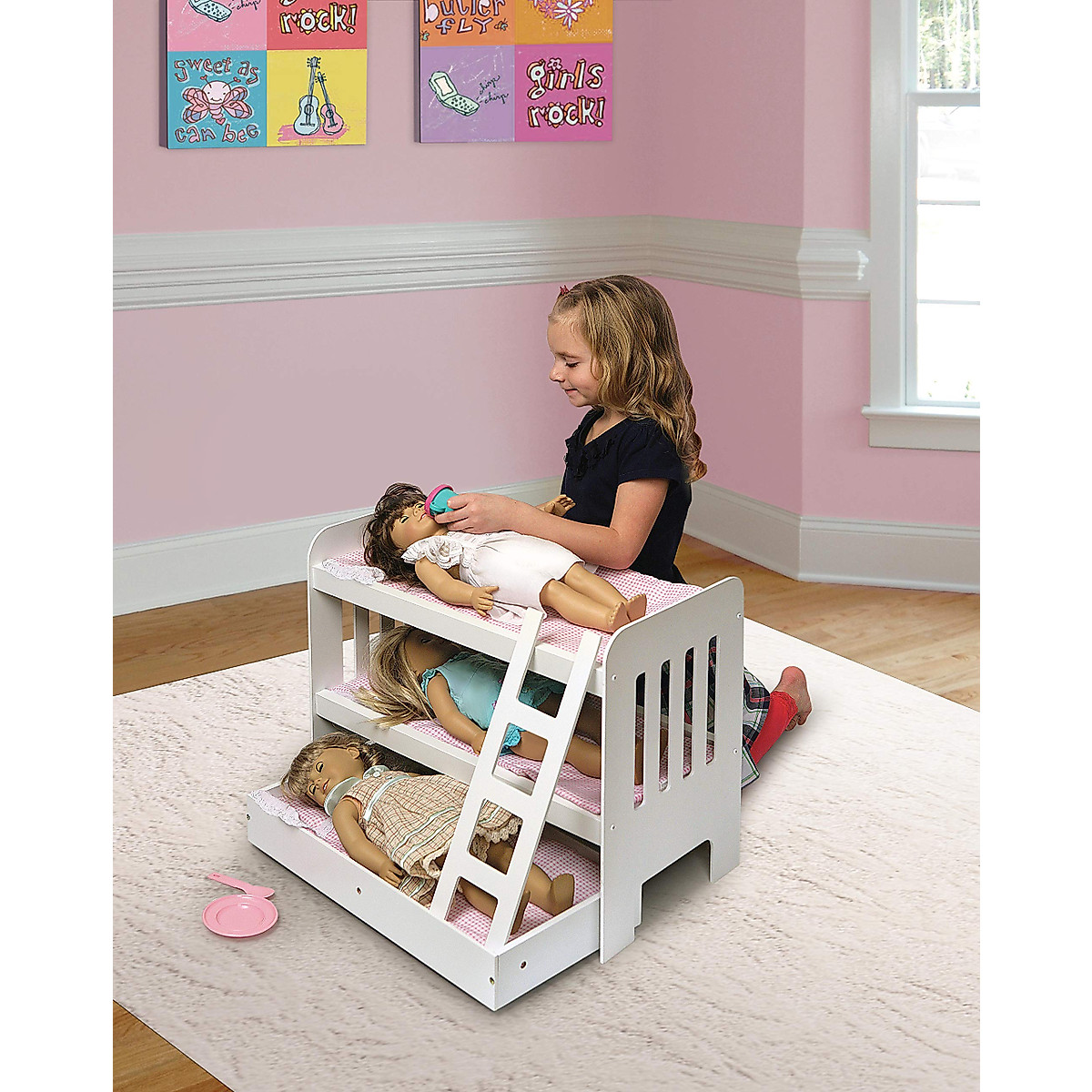 Badger Basket Toy Doll Bunk Bed with Trundle, Ladder, and Personalization Kit for 22 inch Dolls - White/Pink