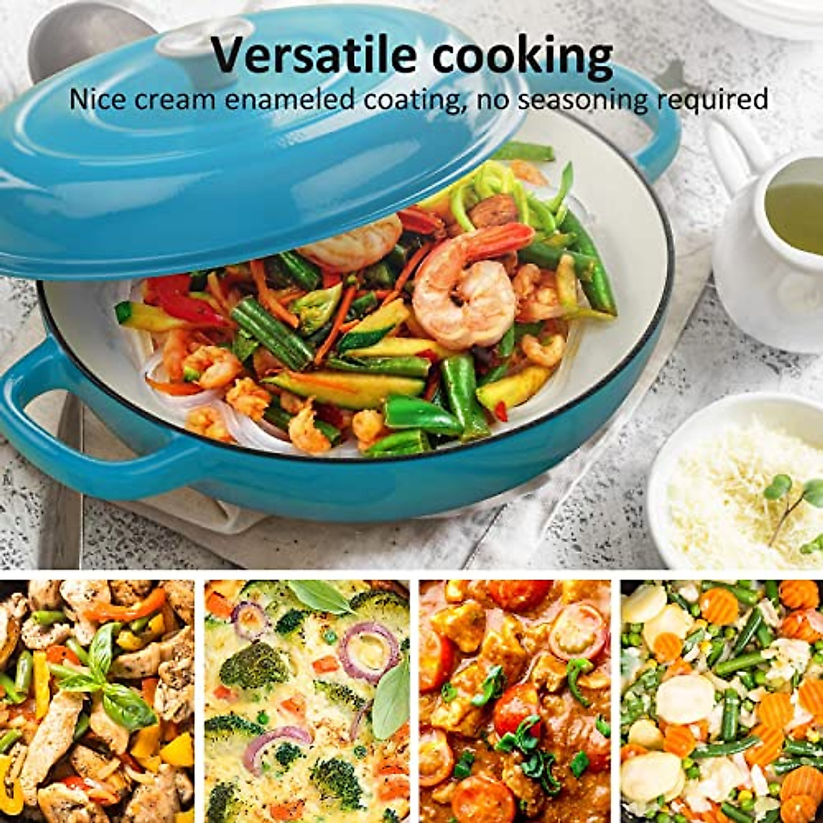 Enamel Cast Iron Casserole Dish with Lid --CSK Cast Iron Braiser Pan with Porcelain Coating, 4 QT Enameled Cast Iron, Steel Knob Cover & Double Loop Handles, Cast Iron Casserole Dish, Card Blue.