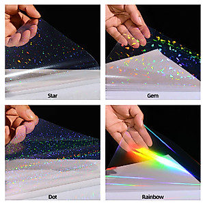 36 Sheets Holographic Sticker Paper, Transparent Holographic Vinyl Laminate Film, Clear Overlay Lamination Sticker Paper Self Adhesive Waterproof - Gem, Dot, Colorful, Star Patterns/8.5x11 inch